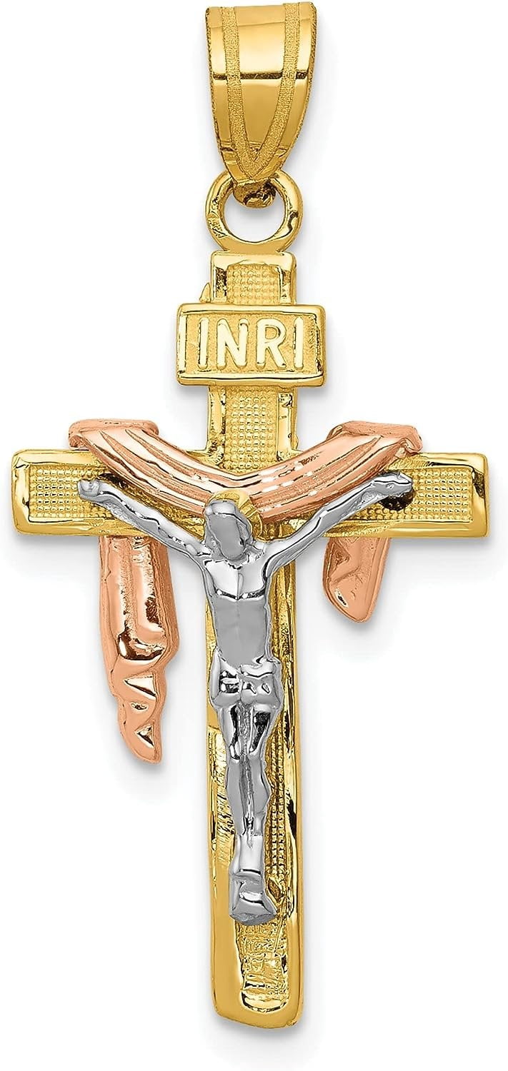 Solid Gold 10K Tri-color Diamond-cut Small Draped INRI Crucifix Pendant ...