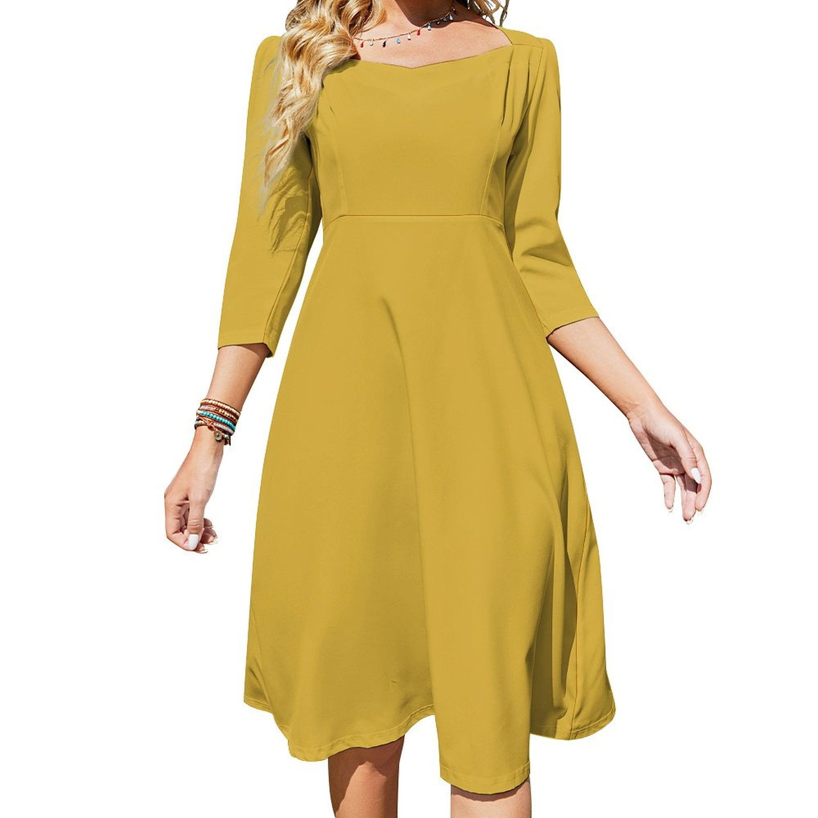 Solid Gold Background Color Swatch Flare Dress Square Neck Dress ...
