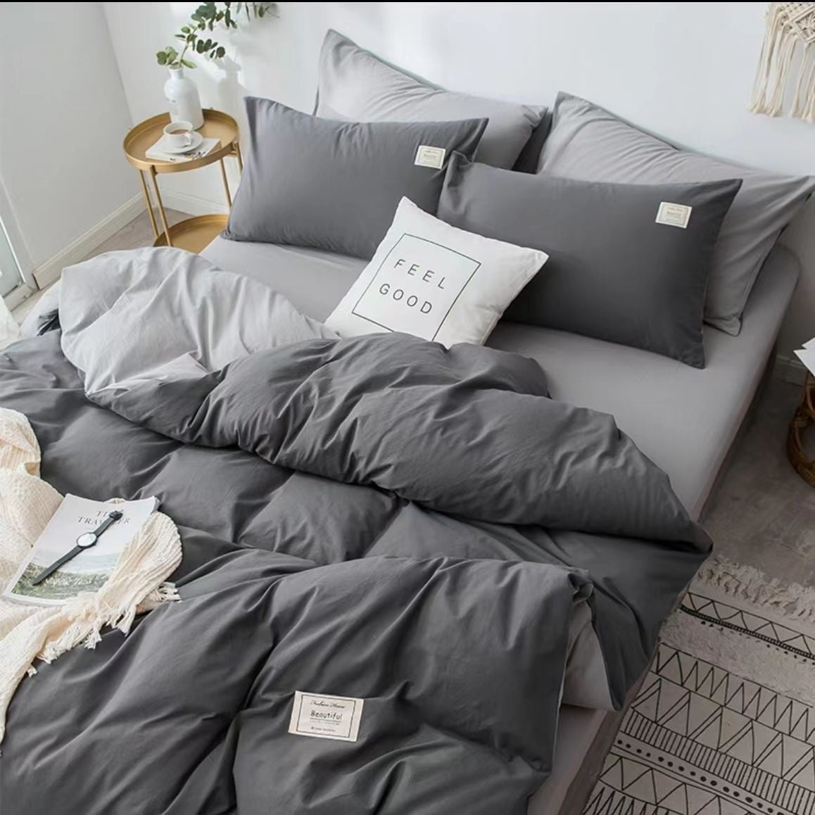 Solid Grey Matcha Color Bedding Set Adults Twin Full Queen Bed Flat ...