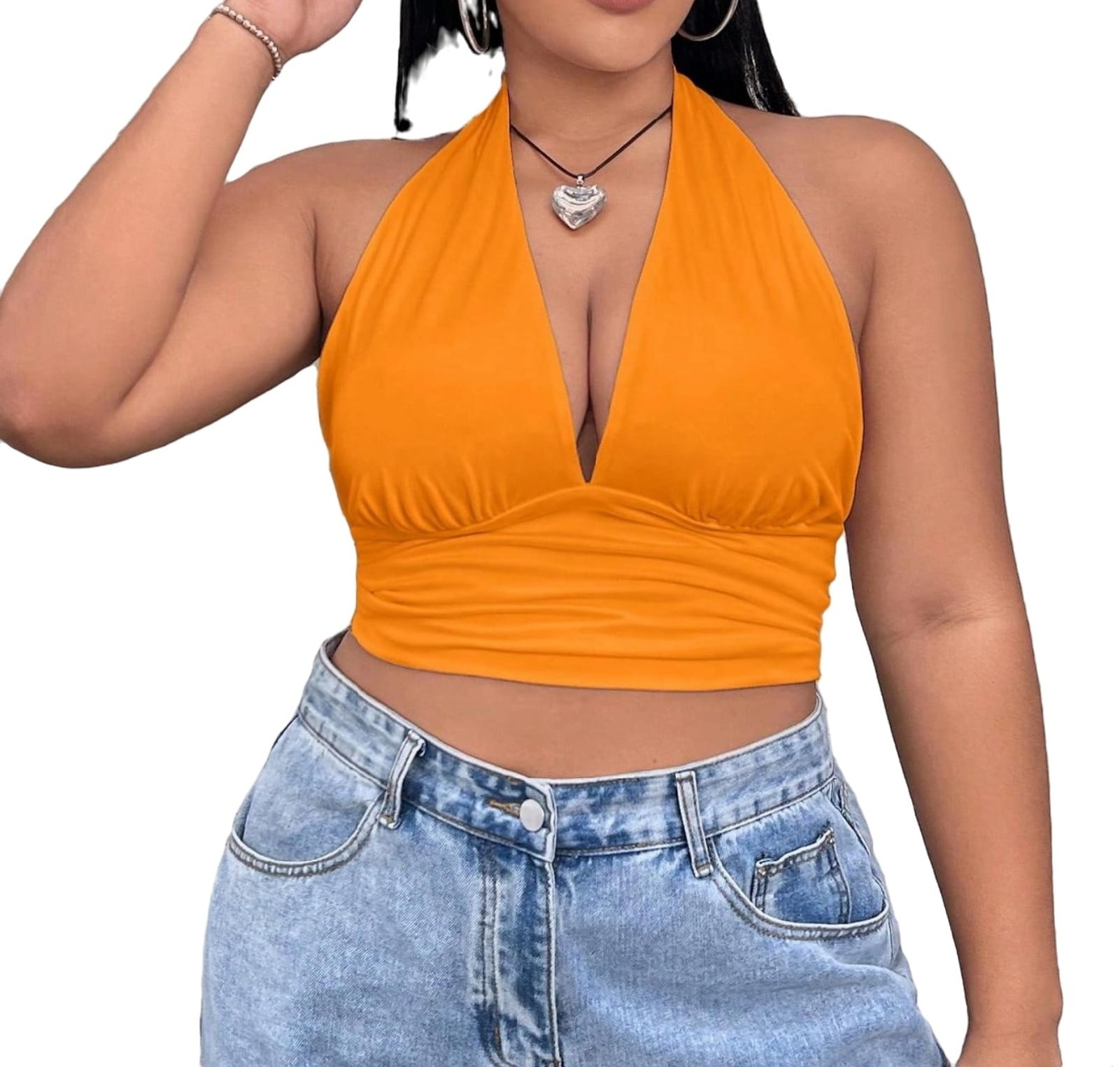 Solid Halter Orange Plus Size Tank Tops And Camis