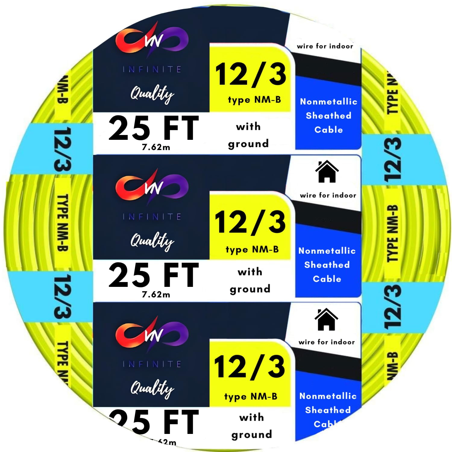 Solid Indoor Wire 12/3 W/G NMB Cable 25ft Coil - Residential Indoor ...