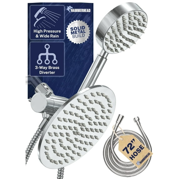 Solid Metal Dual Shower Head Combo – CHROME – 8 Inch Rainfall High Flow ...
