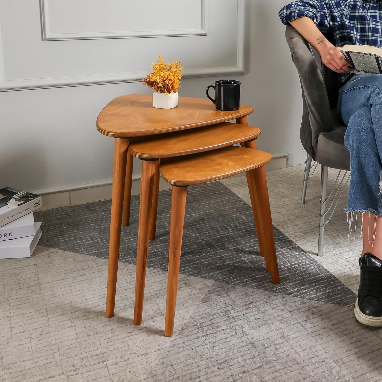 Solid Nesting Table Set of 3, Birch Mid Century Pebble Tables with Wood ...