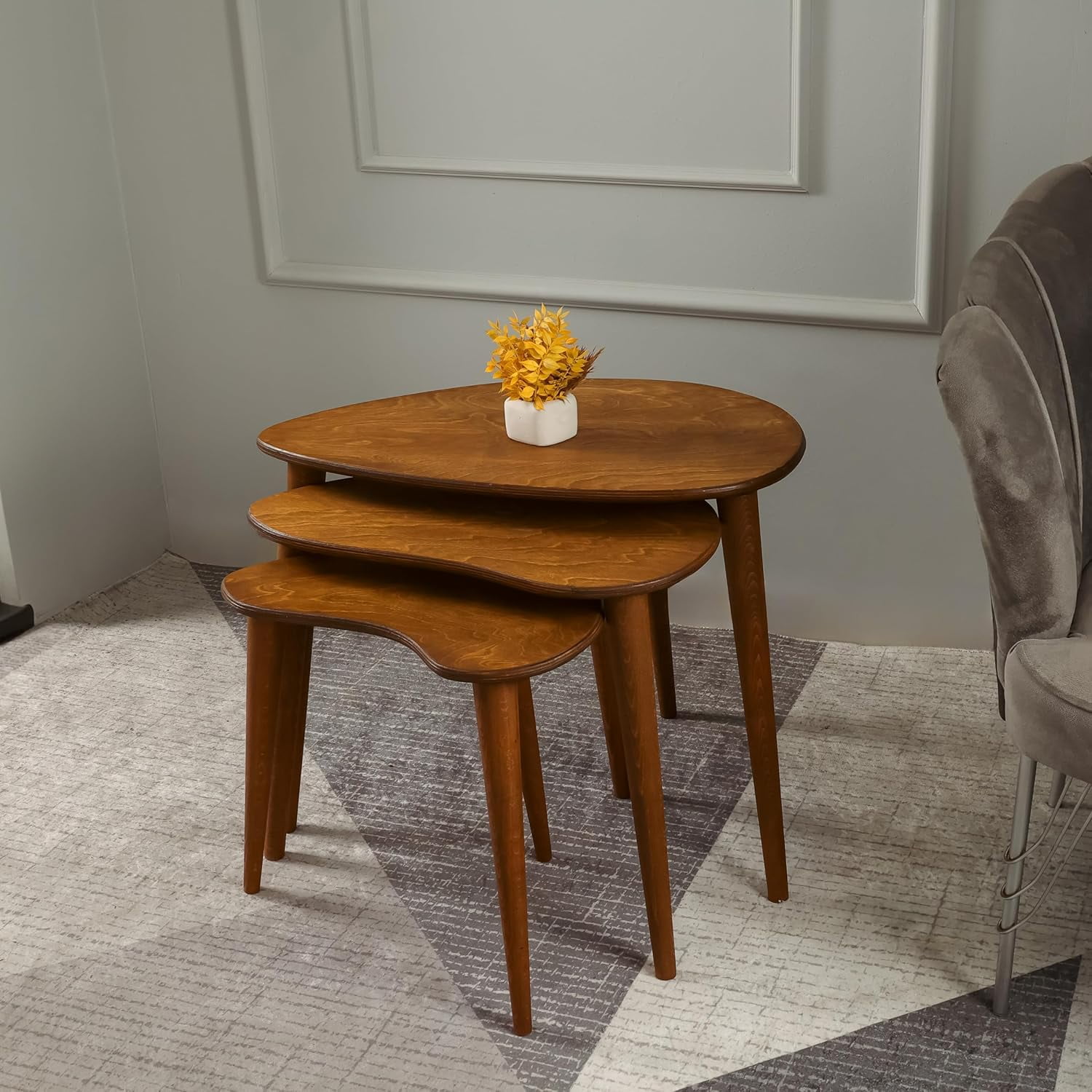 Solid Nesting Table Set of 3, Birch Mid Century Pebble Tables with Wood ...