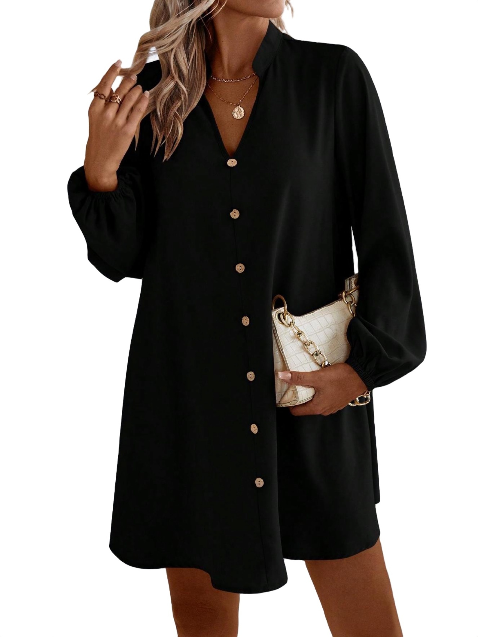Solid Notched Neck Black Women Dresses - Walmart.com
