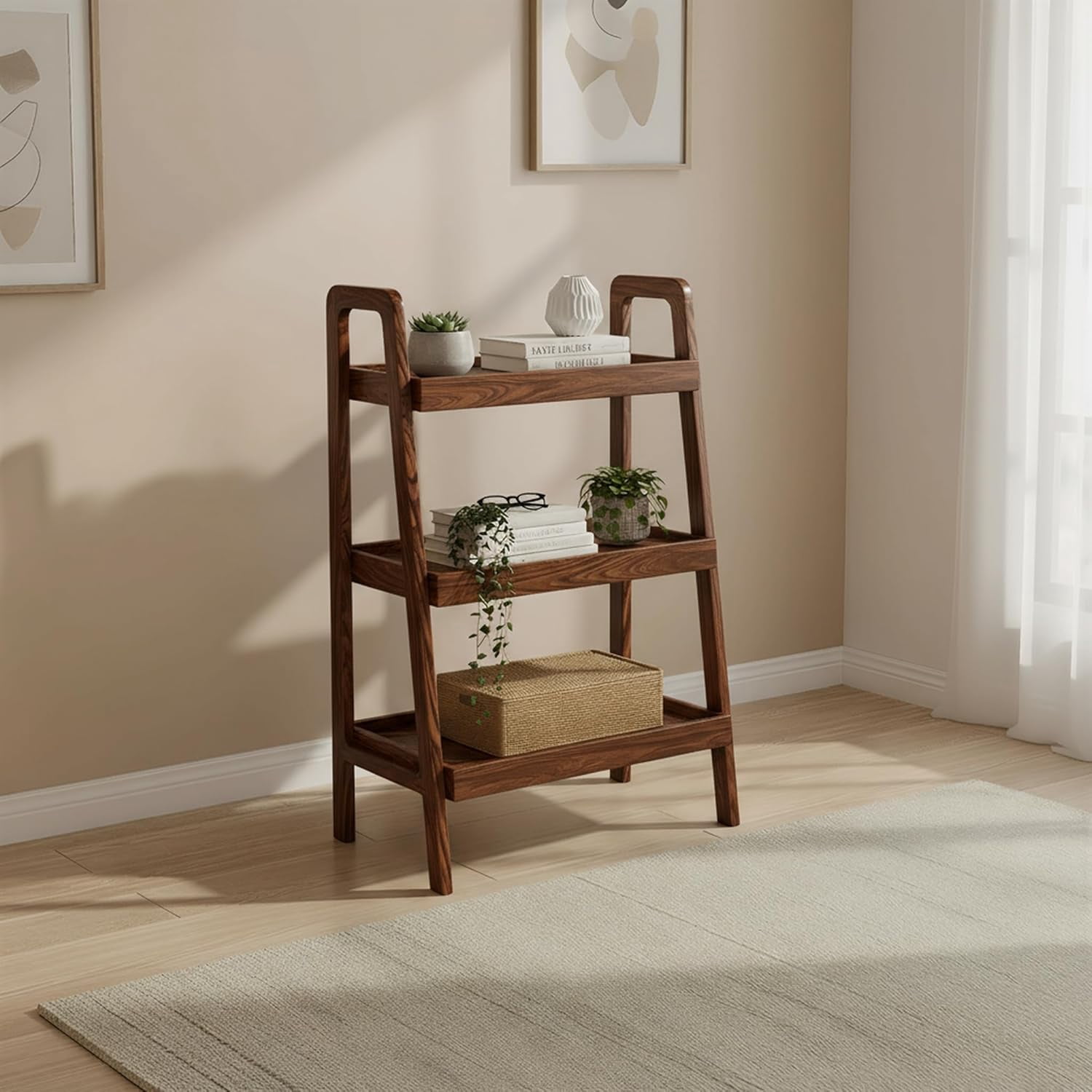 Solid Oak 3 Tier Ladder Shelf for Saving Space, Tall Nightstand with ...