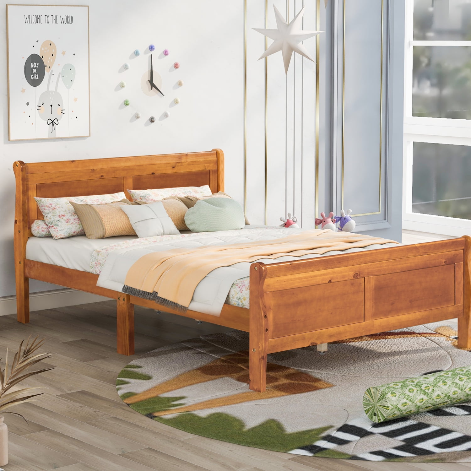 Solid Oak Full Size Platform Bed with Durable Wooden Headboard and ...