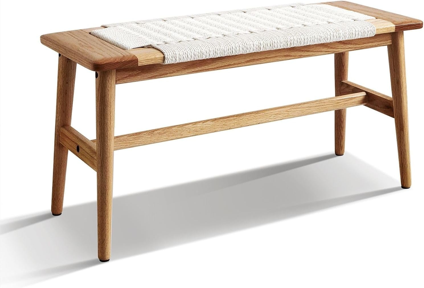Solid Oak Wood Bench with Handwoven Cotton Rope Seat, Rattan Bench for ...