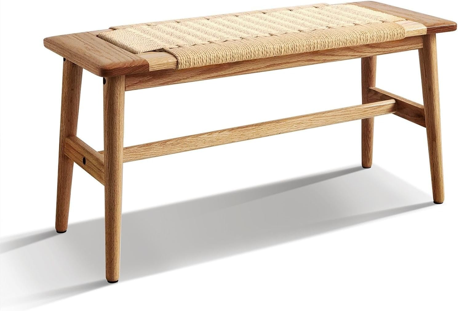 Solid Oak Wood Bench with Handwoven Cotton Rope Seat, Rattan Bench for ...