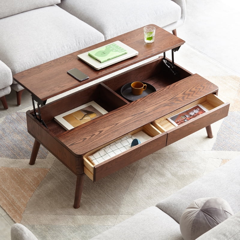 Solid Oak Wood Coffee Table, Lift Top Walnut Coffee Table with Drawers ...