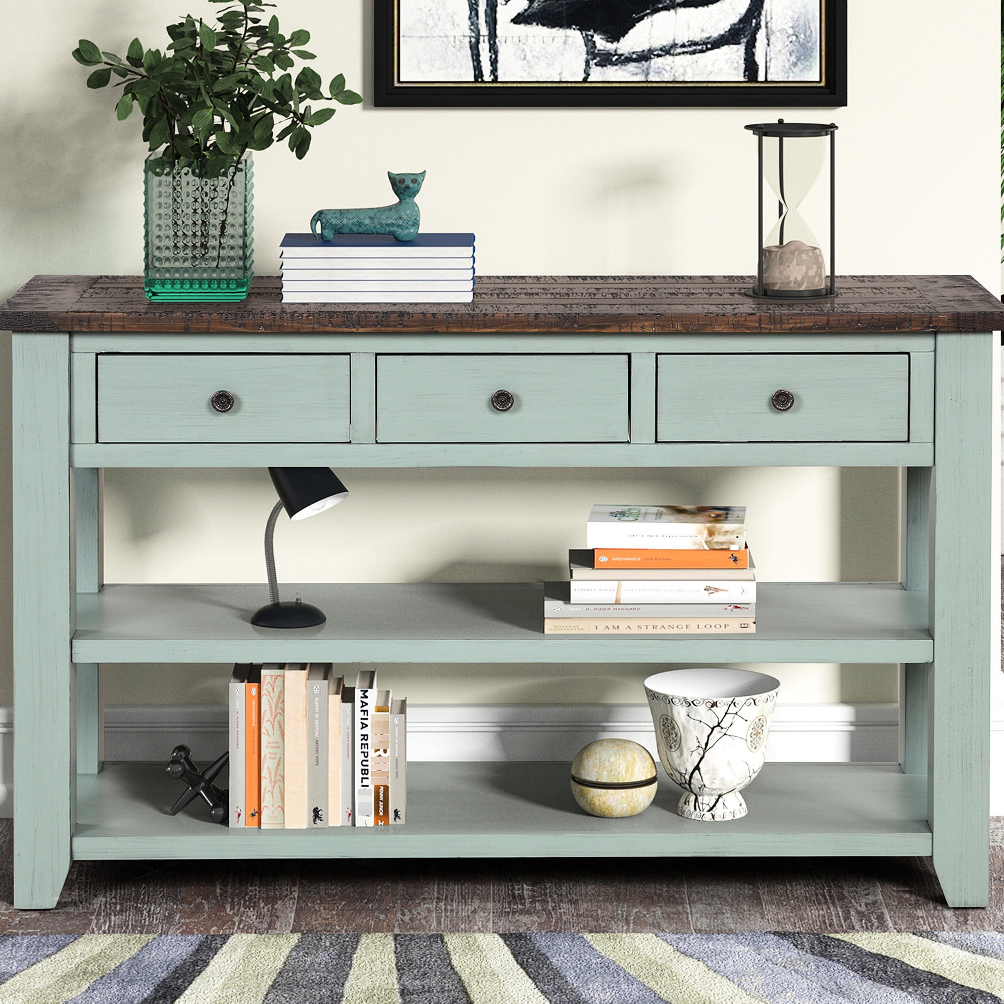 Solid Pine Wood Console Table, 48'' With 3 Storage Drawers & 2 Shelves ...
