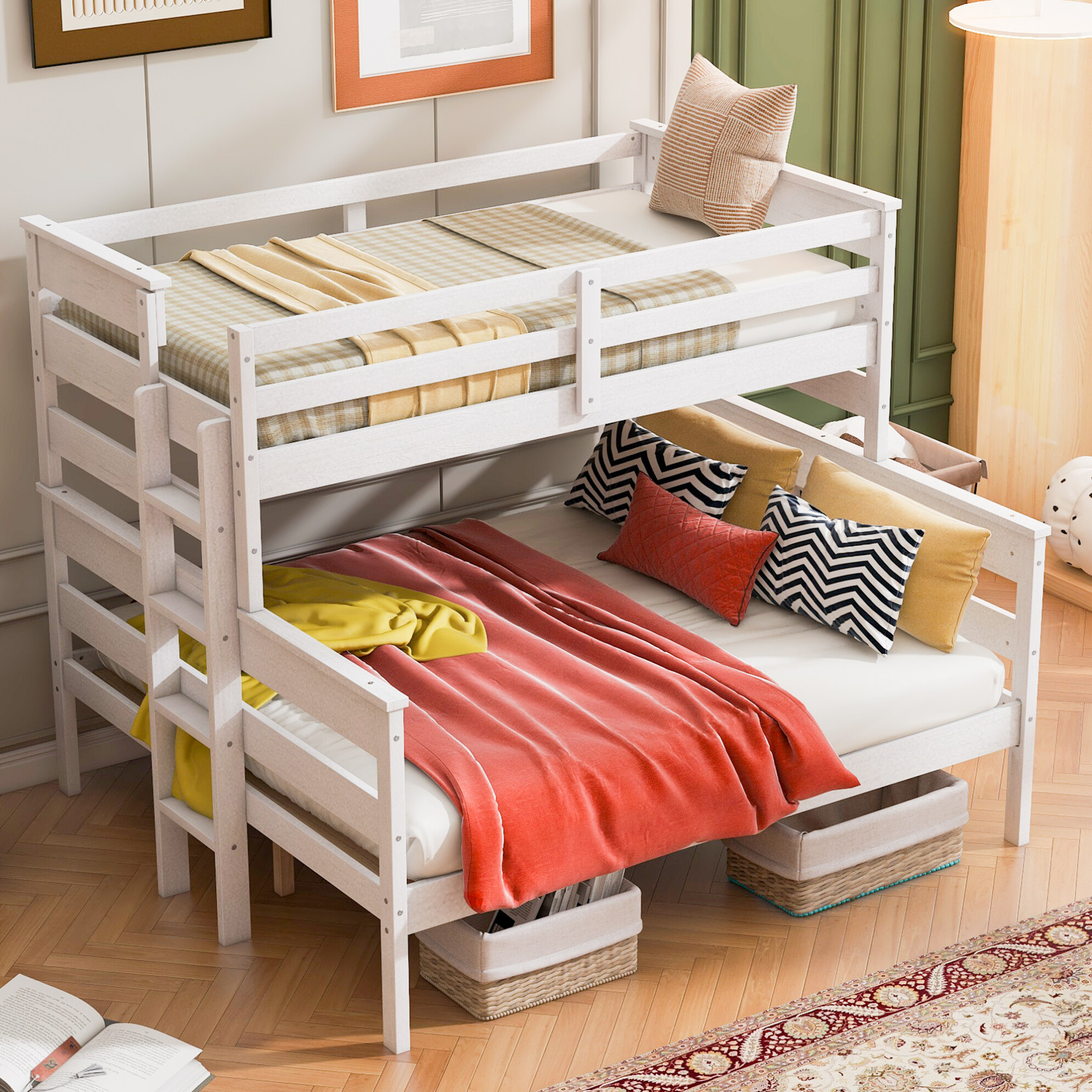 Solid Pine Wood Twin XL over Queen Bunk Bed with Ladder, Detachable ...