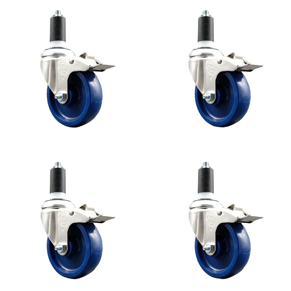 Solid Polyurethane Swivel Stem Caster Set of 4 with 4 Inch Blue Caster ...