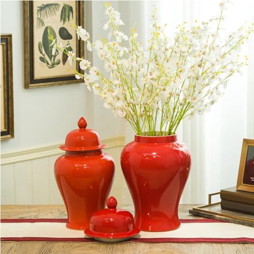 Solid Red Ceramic Ginger Jar with Lid for Home Decor,Tradition Flower ...