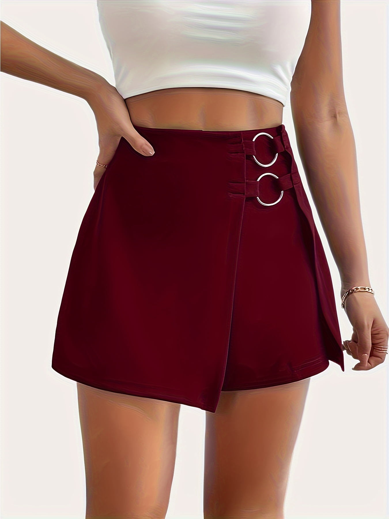 Solid Ring High Waist Skorts, Casual Zip Back Skorts For Spring ...