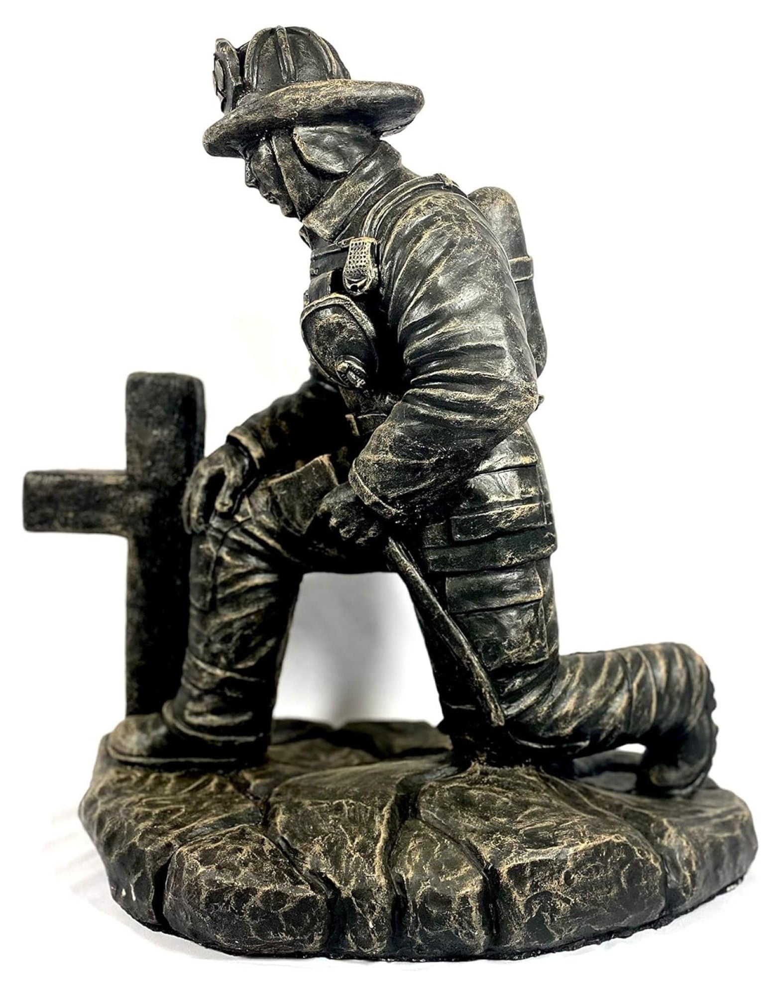 Solid Rock Stoneworks Kneeling Fireman at Cross Statue- Concrete- Autumn Brown-19 Tall x 9" w x ...