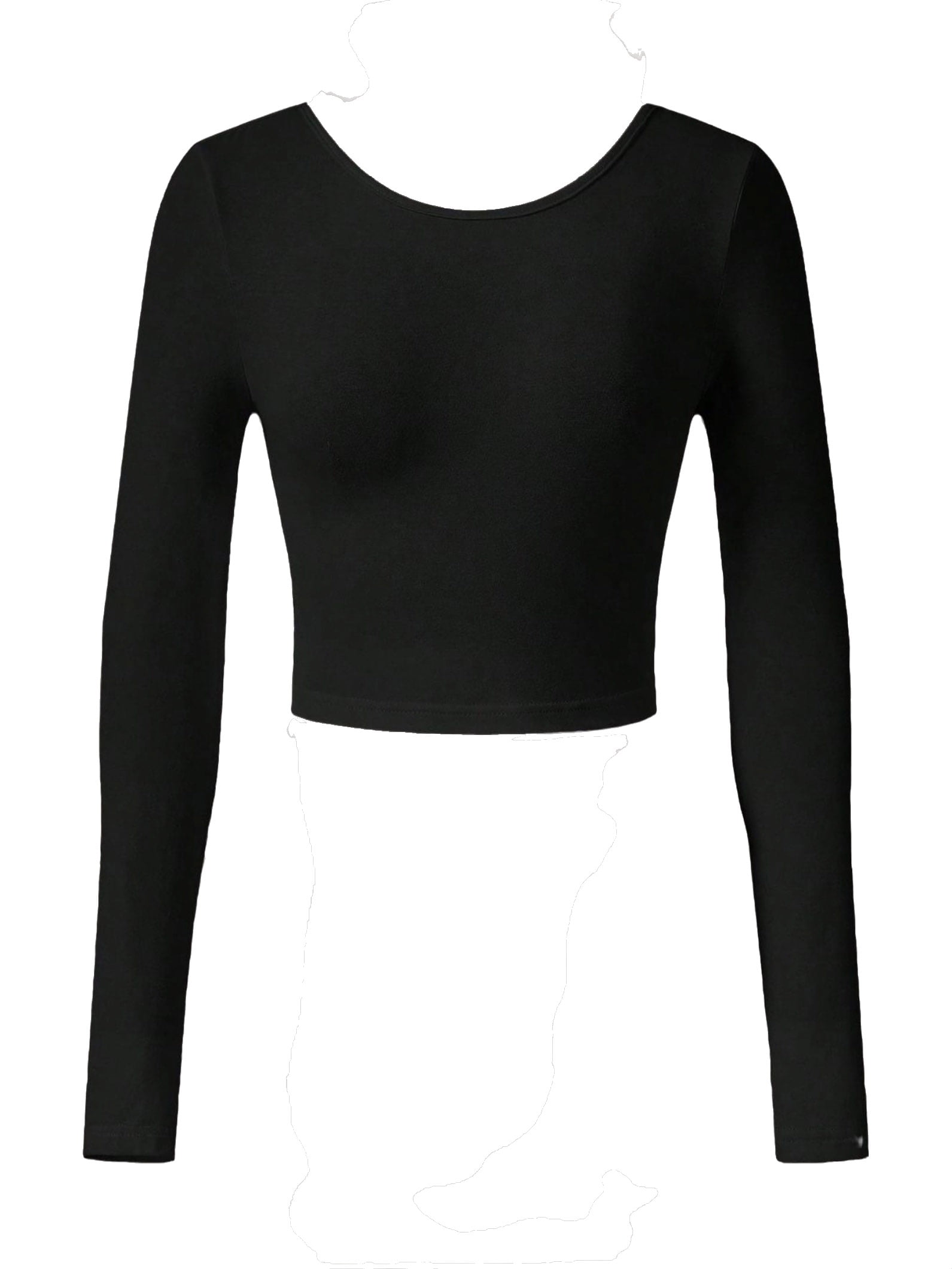Solid Round Neck Crop Tee Top Extra-Long Sleeve Black Women T-Shirts ...