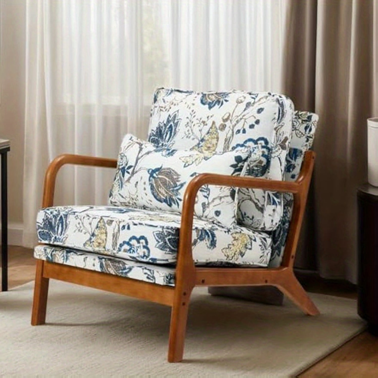 Solid Rubber Wood Frame Accent Chair - Blue Floral Mid-Century Modern ...