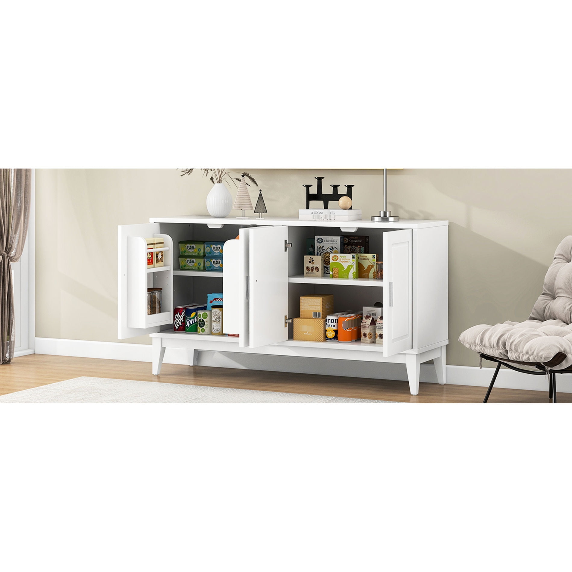 Solid Rubber Wood & MDF 4-Door Sideboard+Adjustable Shelves & Cable ...