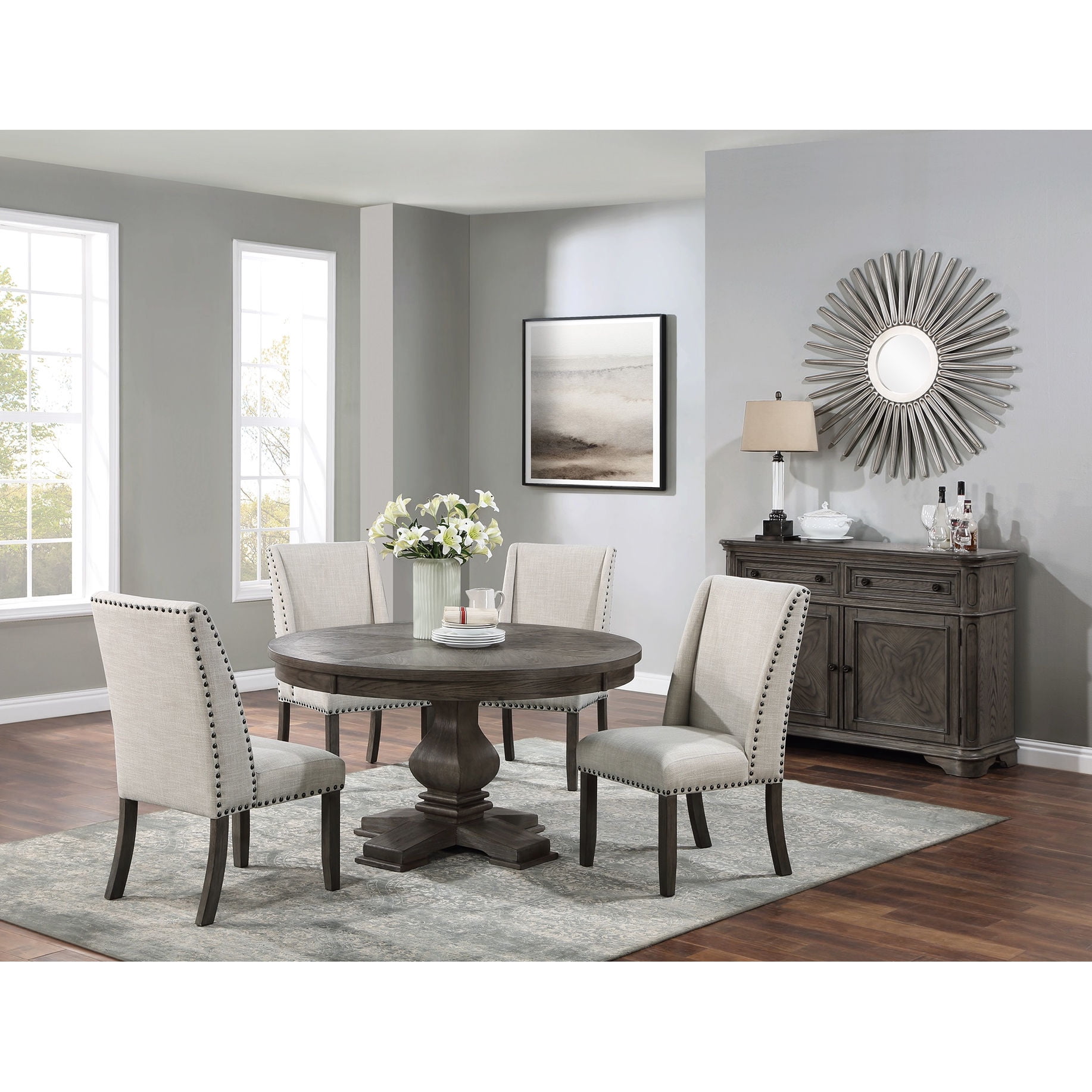 Solid Rubberwood Round Dining Table+Pedestal Base with Oak Finish ...