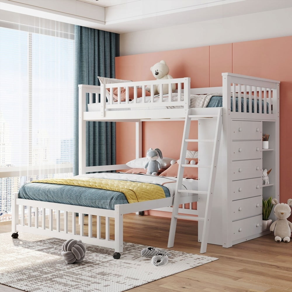 Solid & Safe Bunk Bed with 6 Drawers & Wheels|White Twin Over Full ...