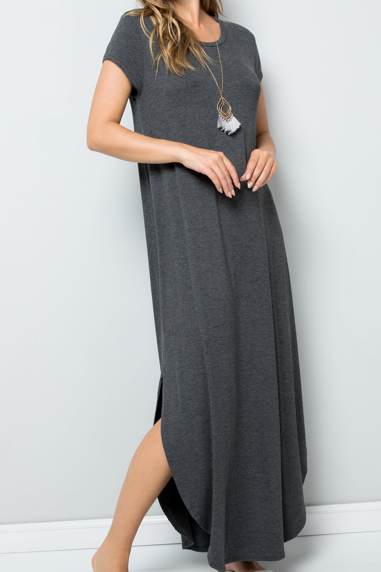Solid Short Sleeve Maxi Dress with Side slit - Walmart.com