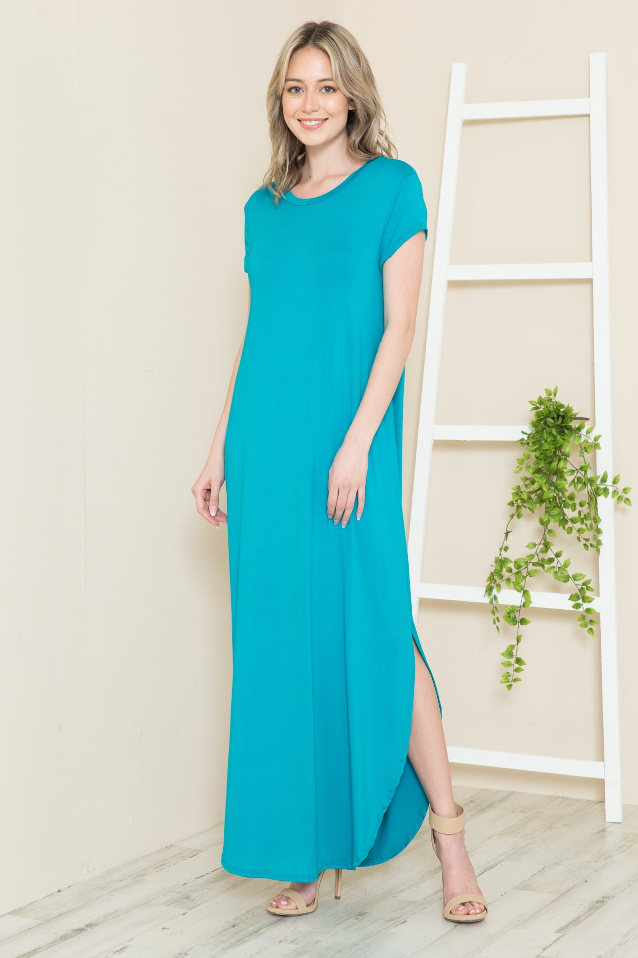 Solid Short Sleeve Maxi Dress with Side slit - Walmart.com