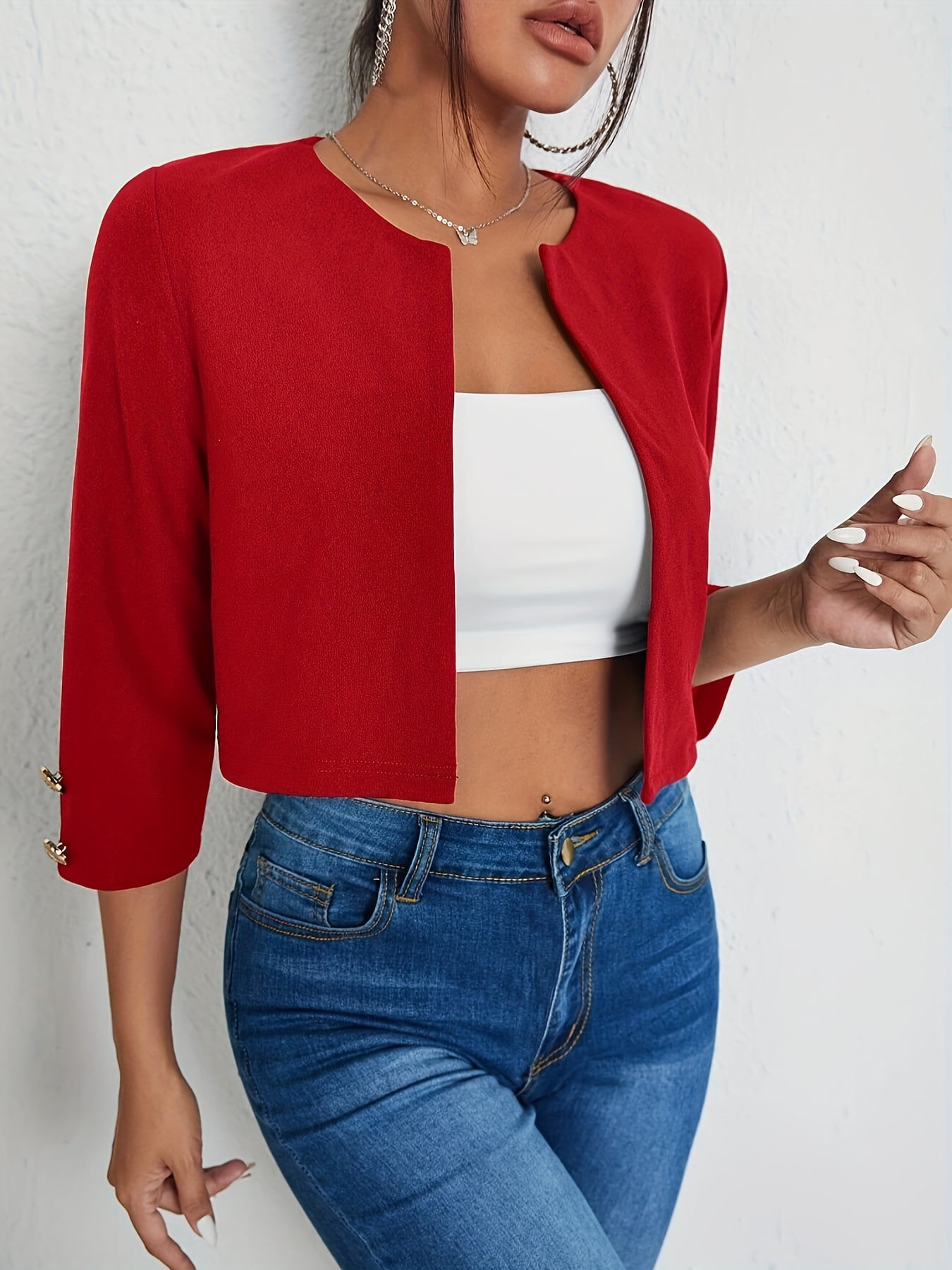 Solid Single Breasted Crop Blazer, Elegant Lapel Long Sleeve Blazer For Spring & Fall, Women's ...