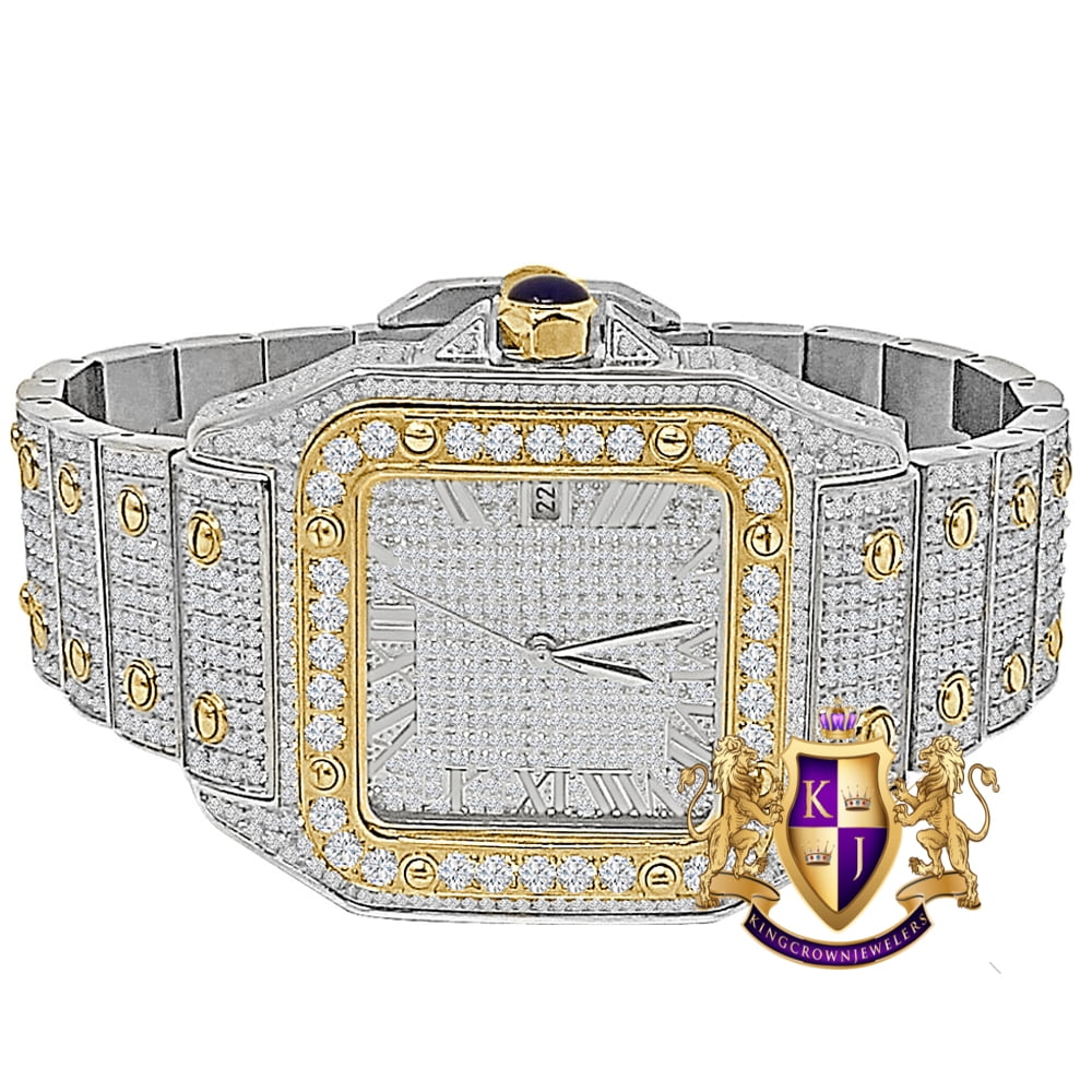 Solid Stainless Steel Roman Dial Face Two Tone Gold Finish Iced Out ...