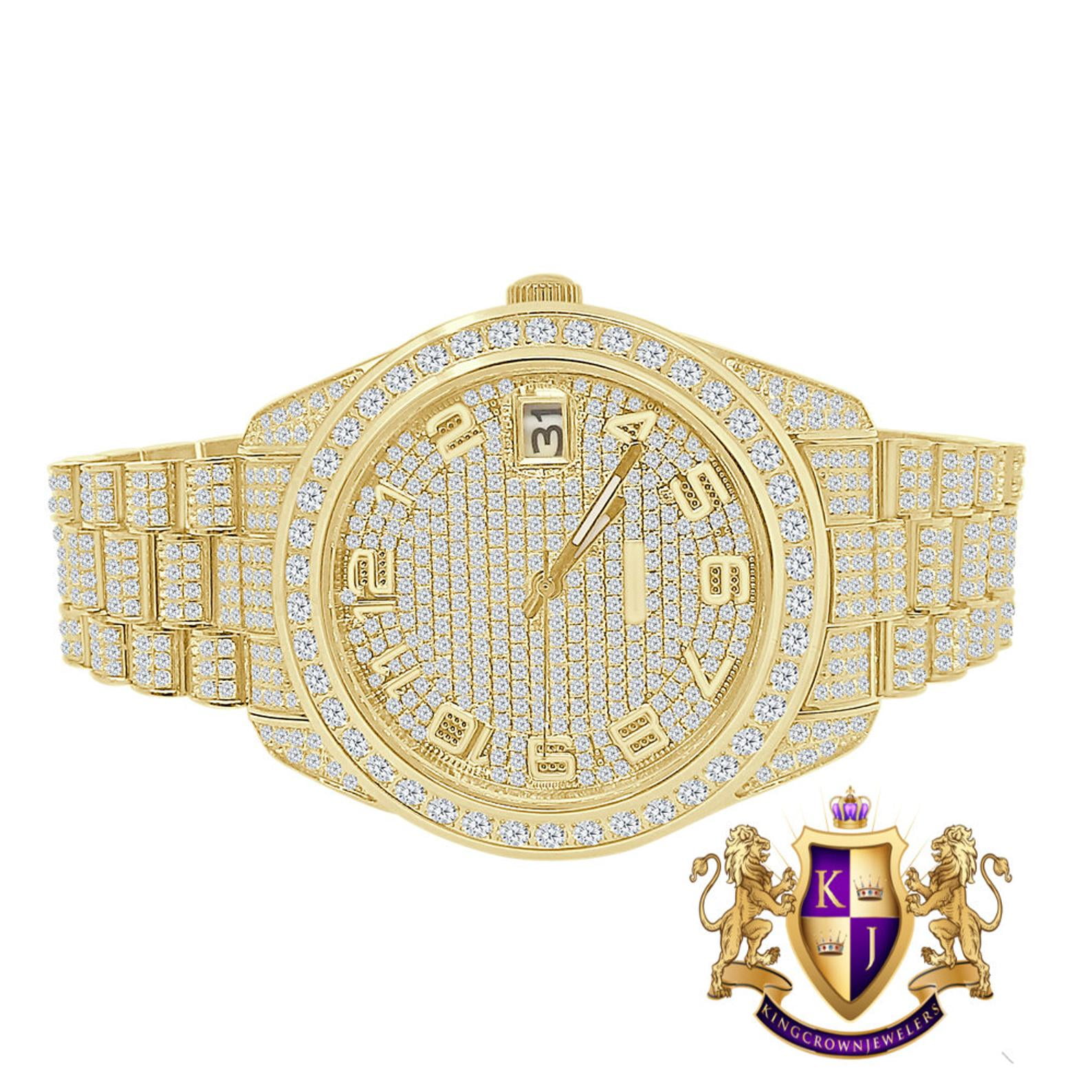 Solid Stainless Steel Solitaire Bezel 18K Yellow Gold Finish Full Iced ...