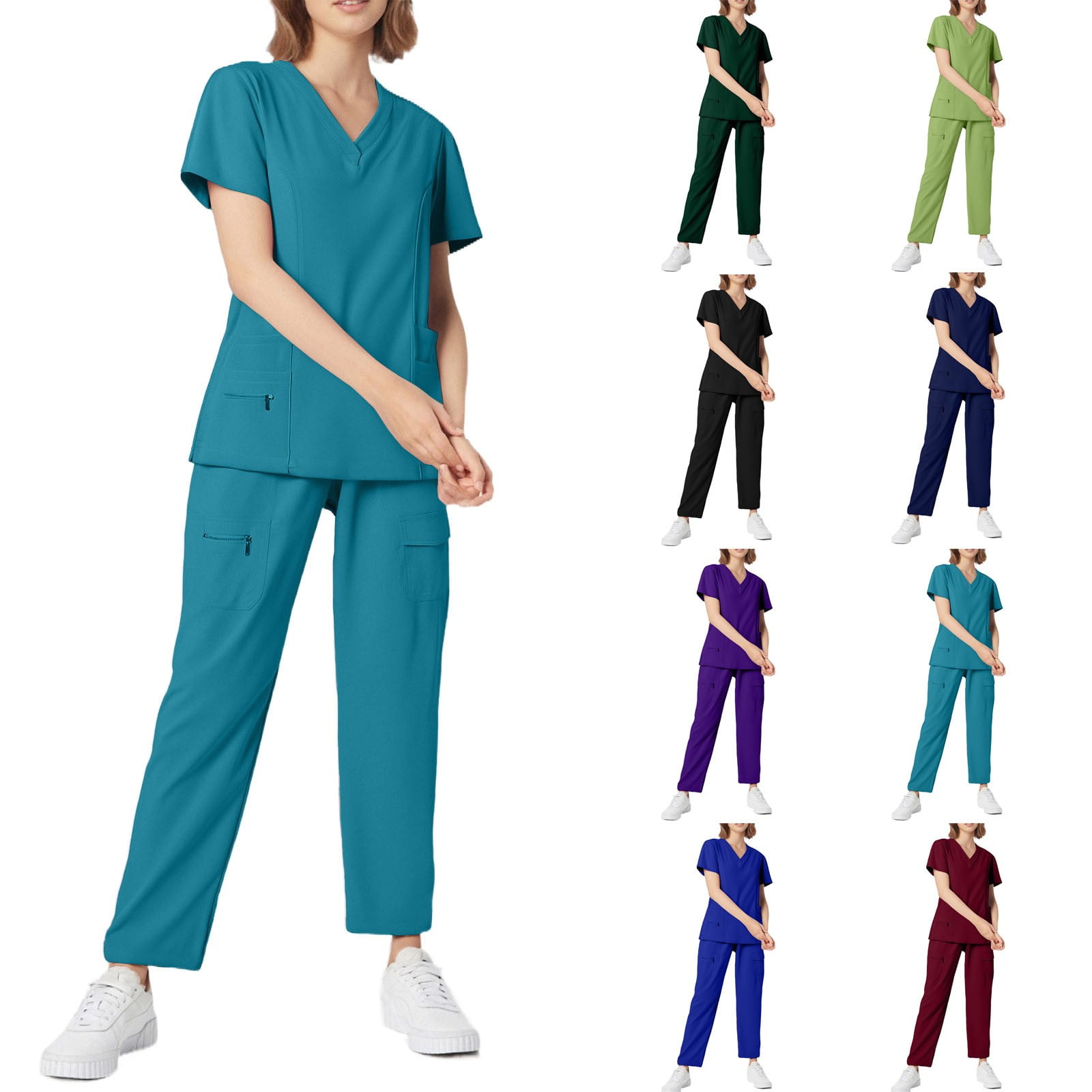 Solid Stretch Scrub Set for Women V-Neck Scrub Set with Pockets ...