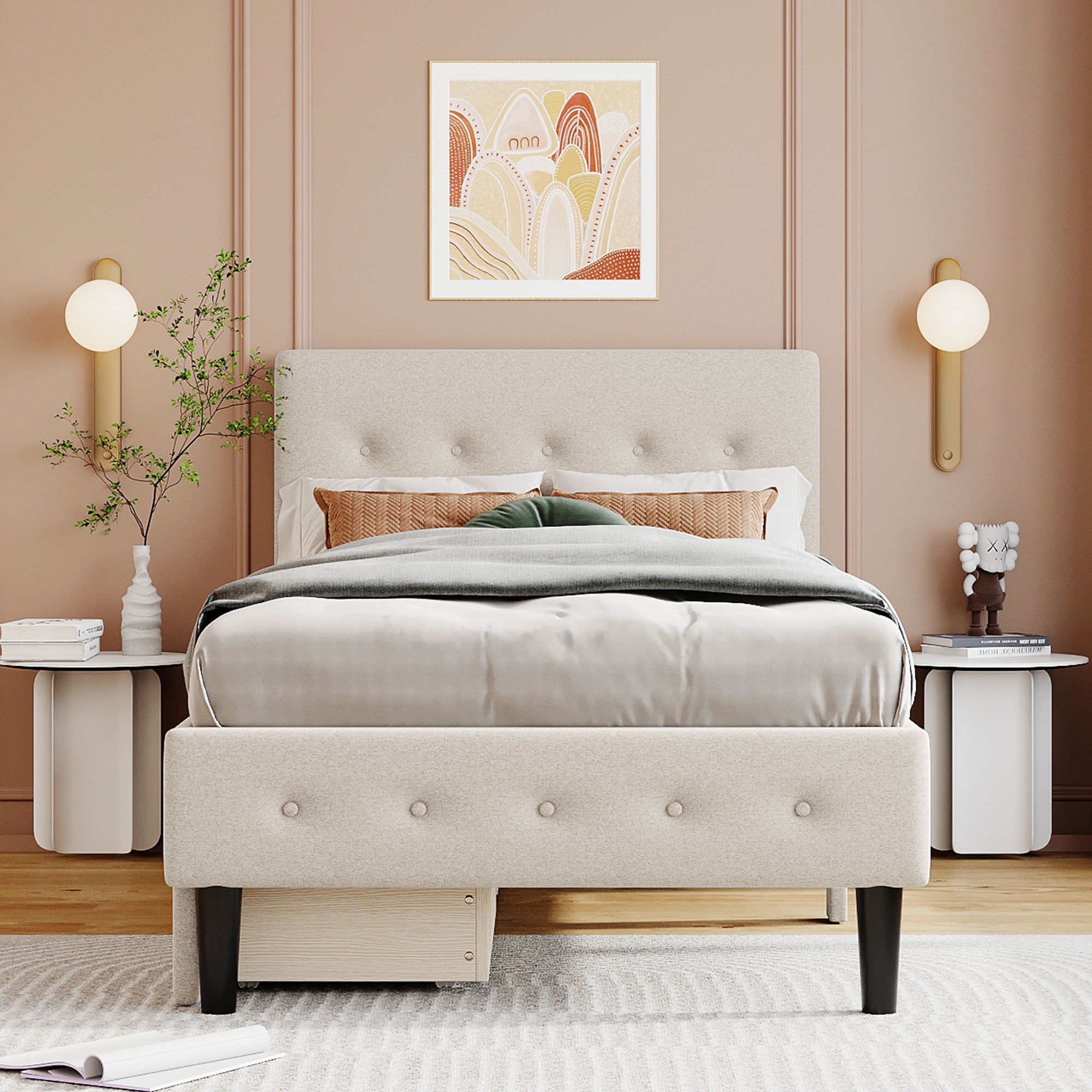 Solid & Sturdy Linen Upholstered Twin Bed Frame with Upholstered ...