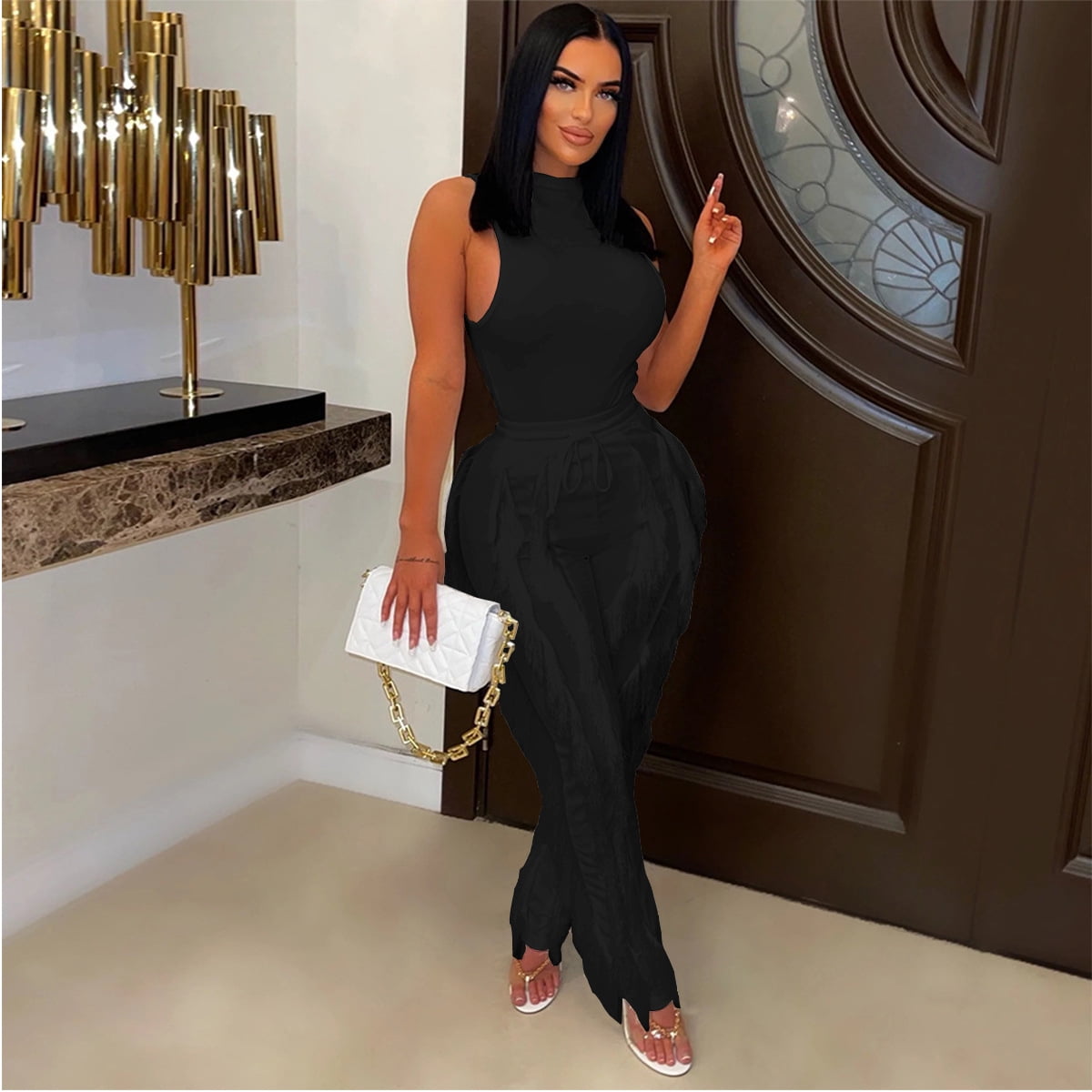 Solid Tank Pants Tassel Two Piece Sets Women Fashion Sleeveless Bodysuits Top Drawstring High ...