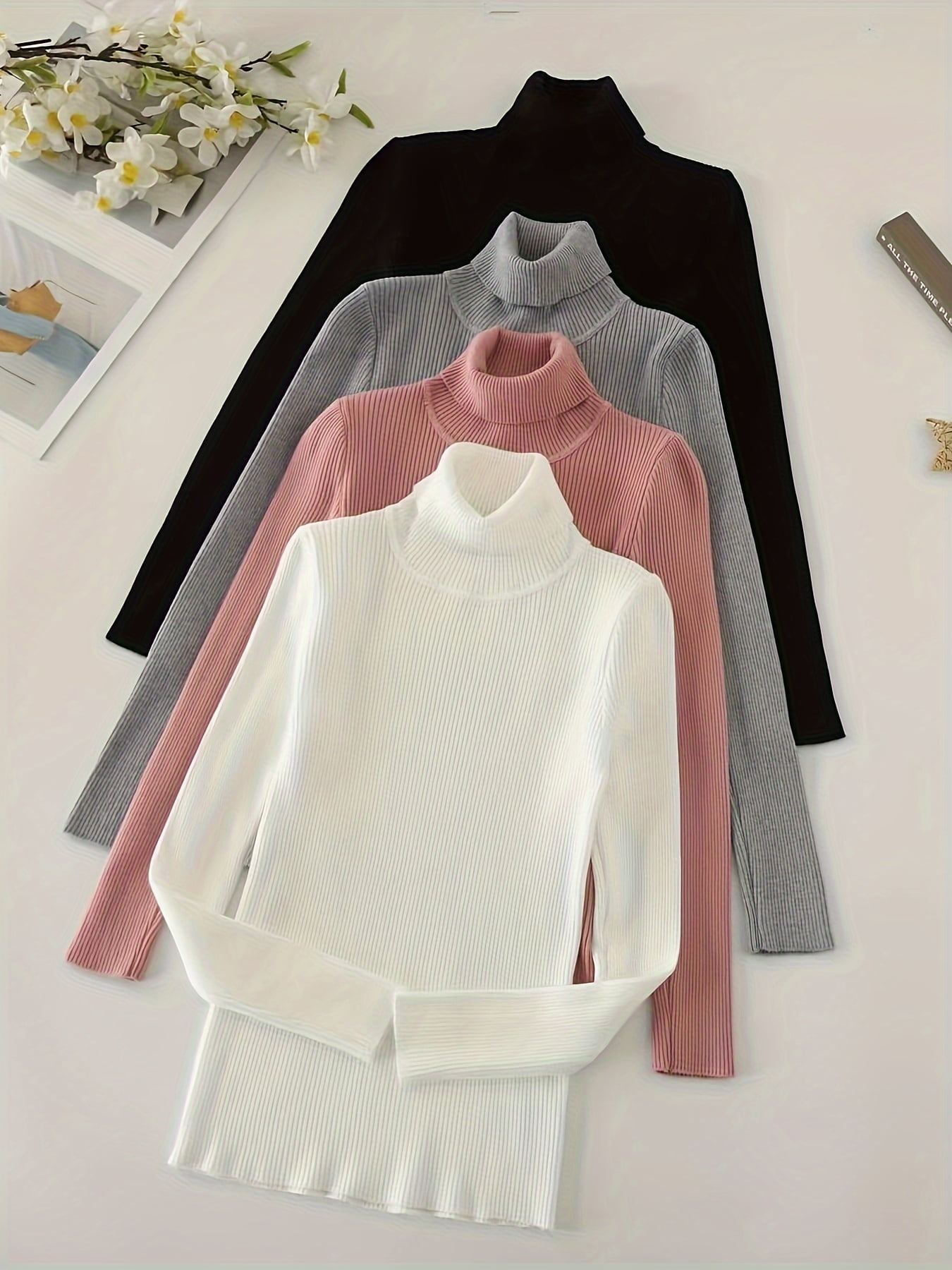 Solid Turtle Neck Rib Knit Top 4 Pack Casual Long Sleeve Slim Versatile ...