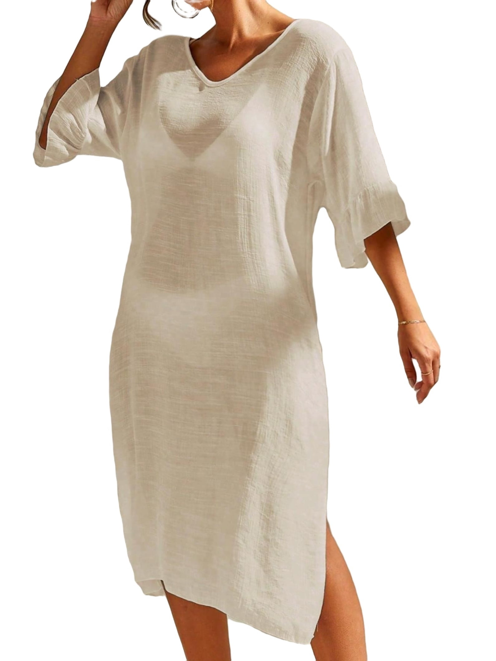 Solid V neck Elbow-Length Beige Women Cover Ups Without Bikini (Women's ...