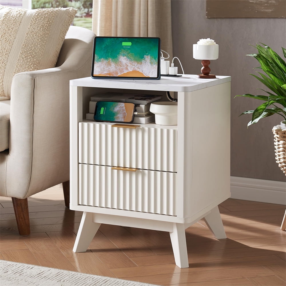 Solid White Fluted Nightstand with Charging Station ,18" Modern Side ...