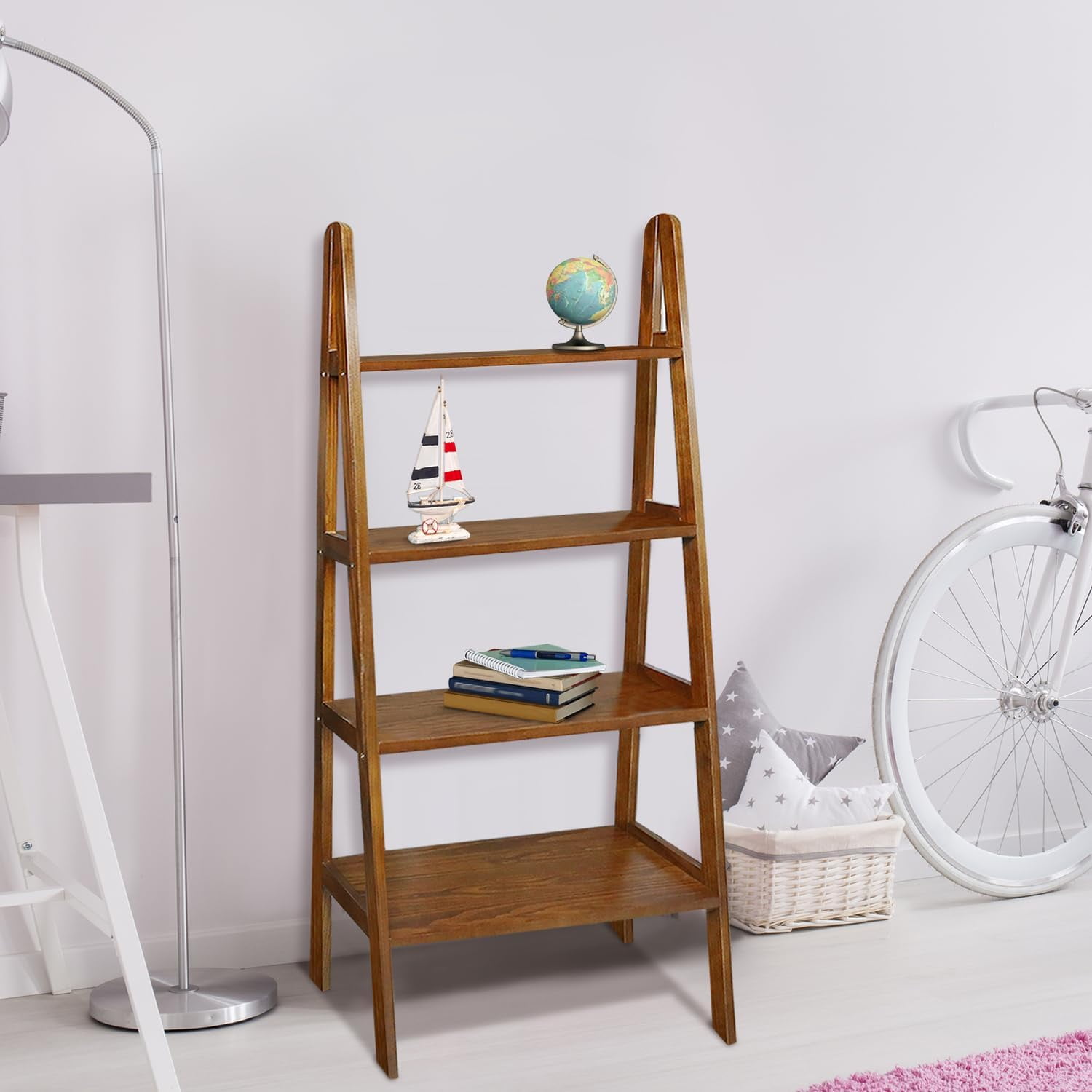 Solid Wood 4-Shelf Ladder Bookcase, 25" W x 14" D x 60" H, Warm Brown ...