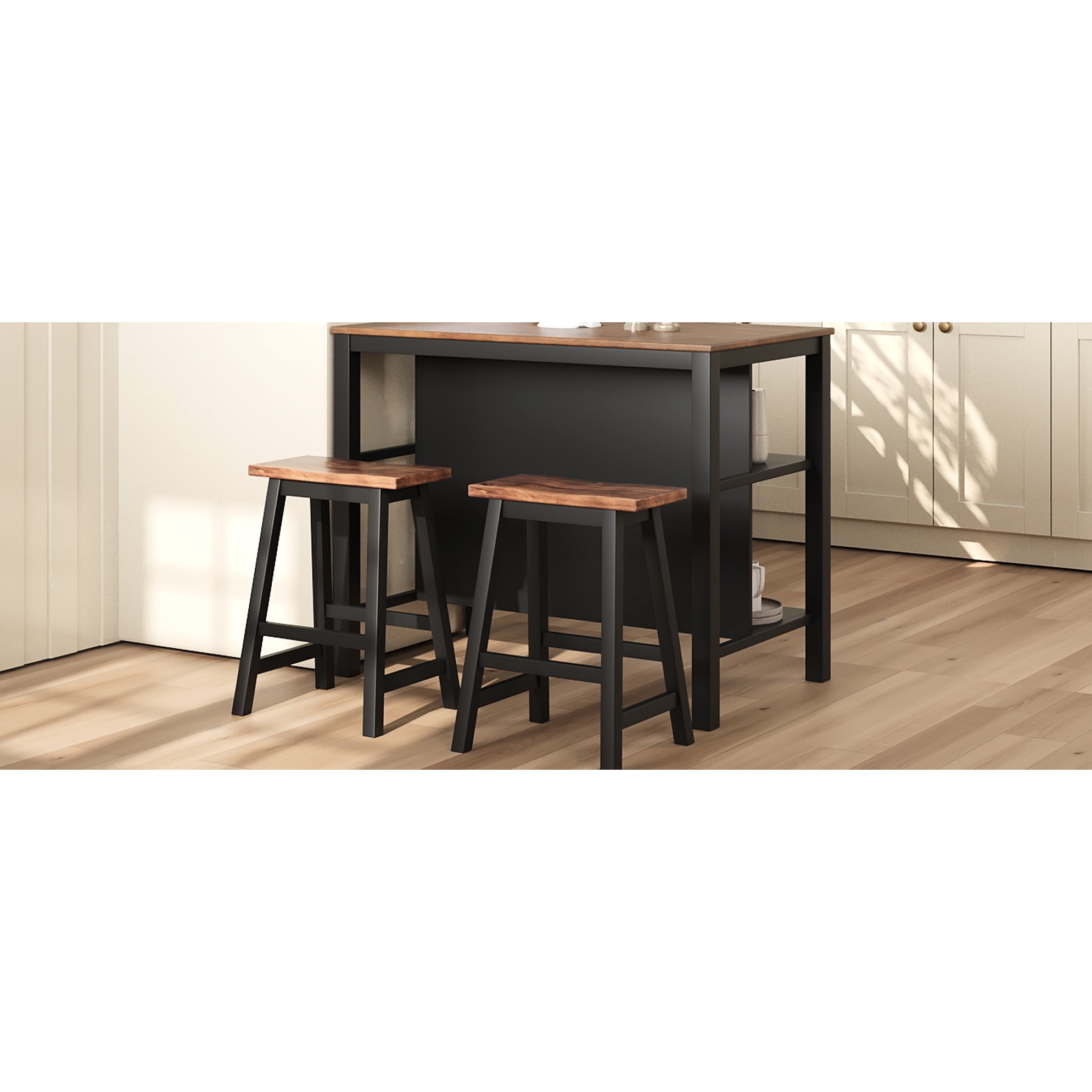 Solid Wood 45" Kitchen Island With 2 Seating Chairs, Rectangular Prep ...