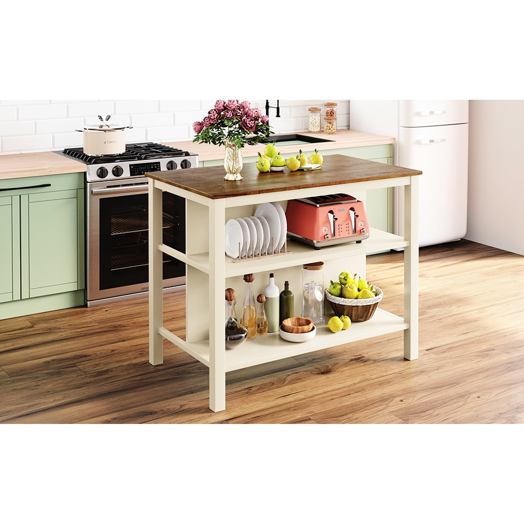 Solid Wood 45" Kitchen Island With 2 Stools, Butcher Block Top, Open Shelves, Walnut And Cream ...