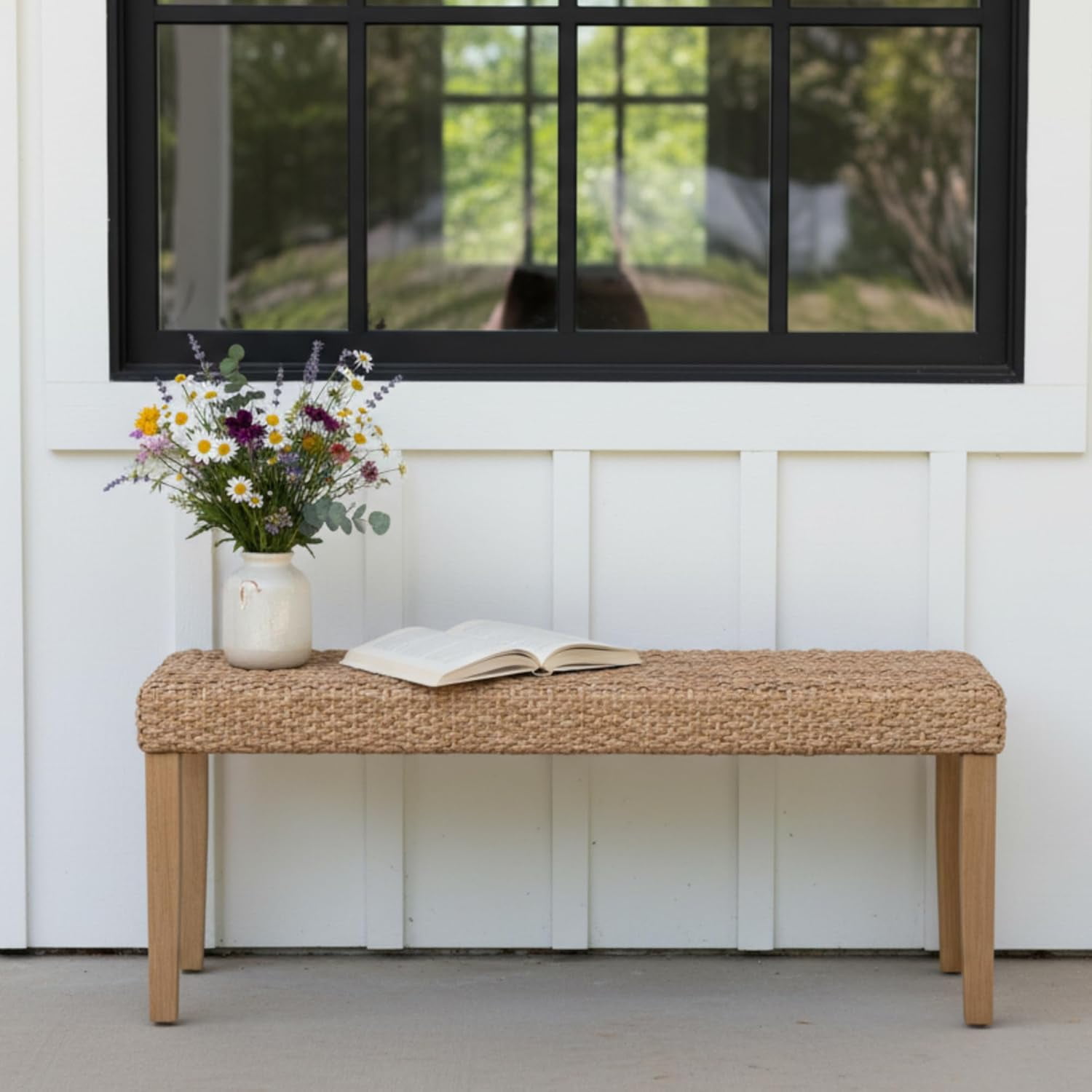 Solid Wood Acacia Bench with Natural Woven Seat, Boho Bench Entryway ...