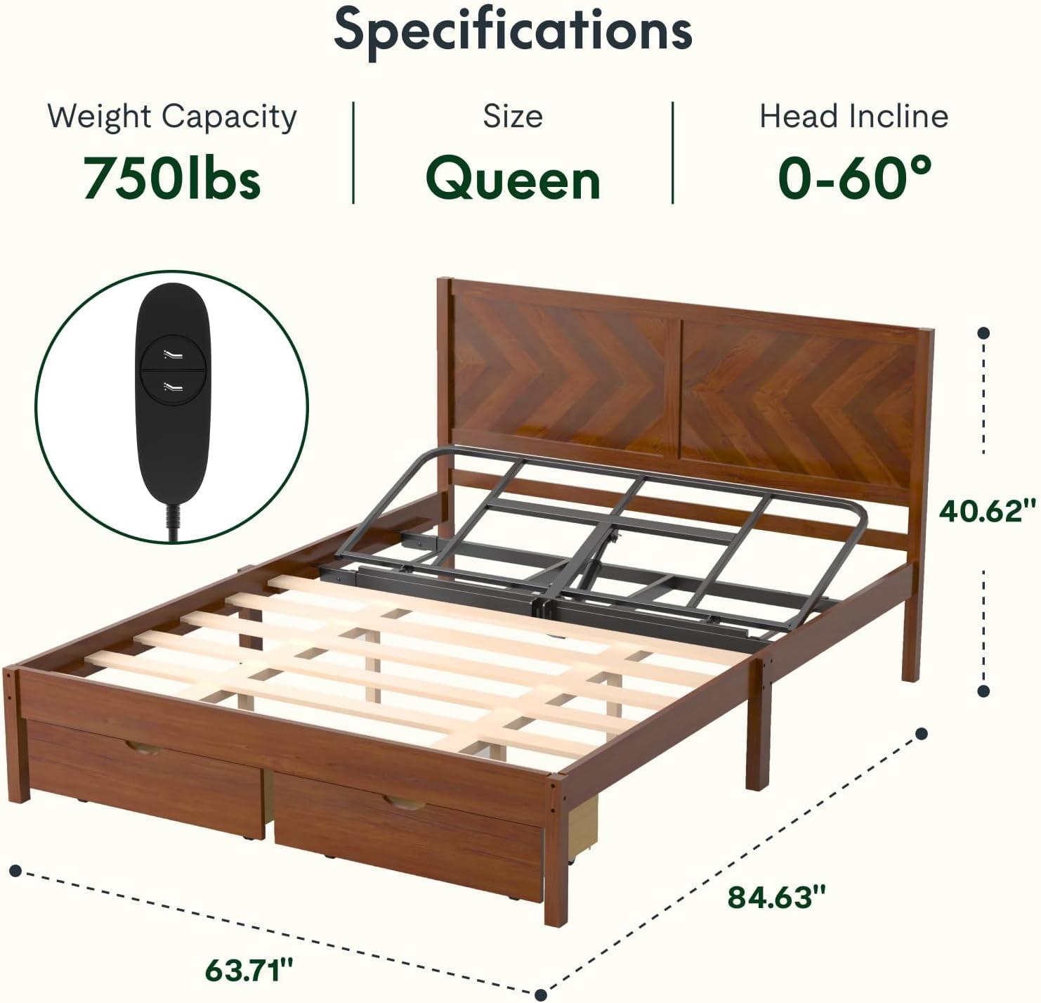 Solid Wood Adjustable Bed with Herringbone Headboard, Storage Drawers ...