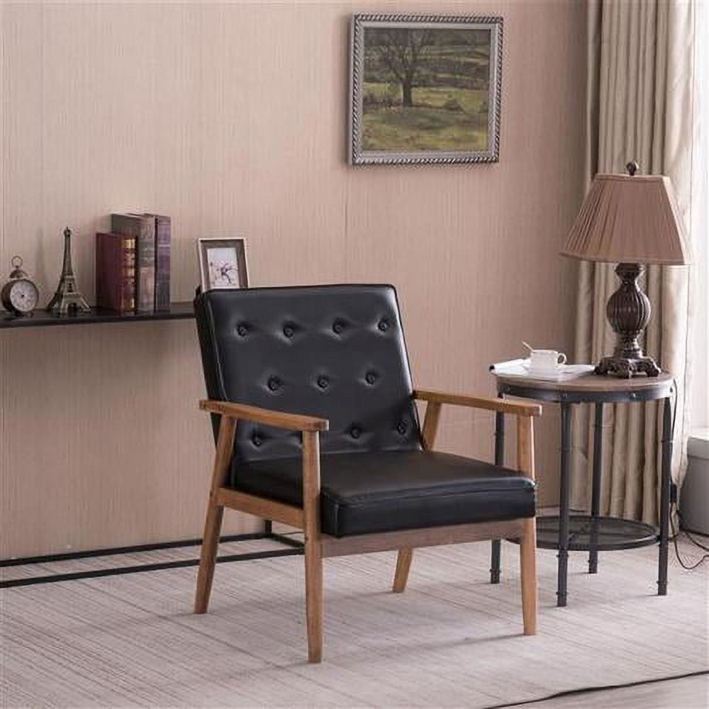 Solid Wood Armrest Accent Chair, Mid-Century Retro Modern Faux Leather ...