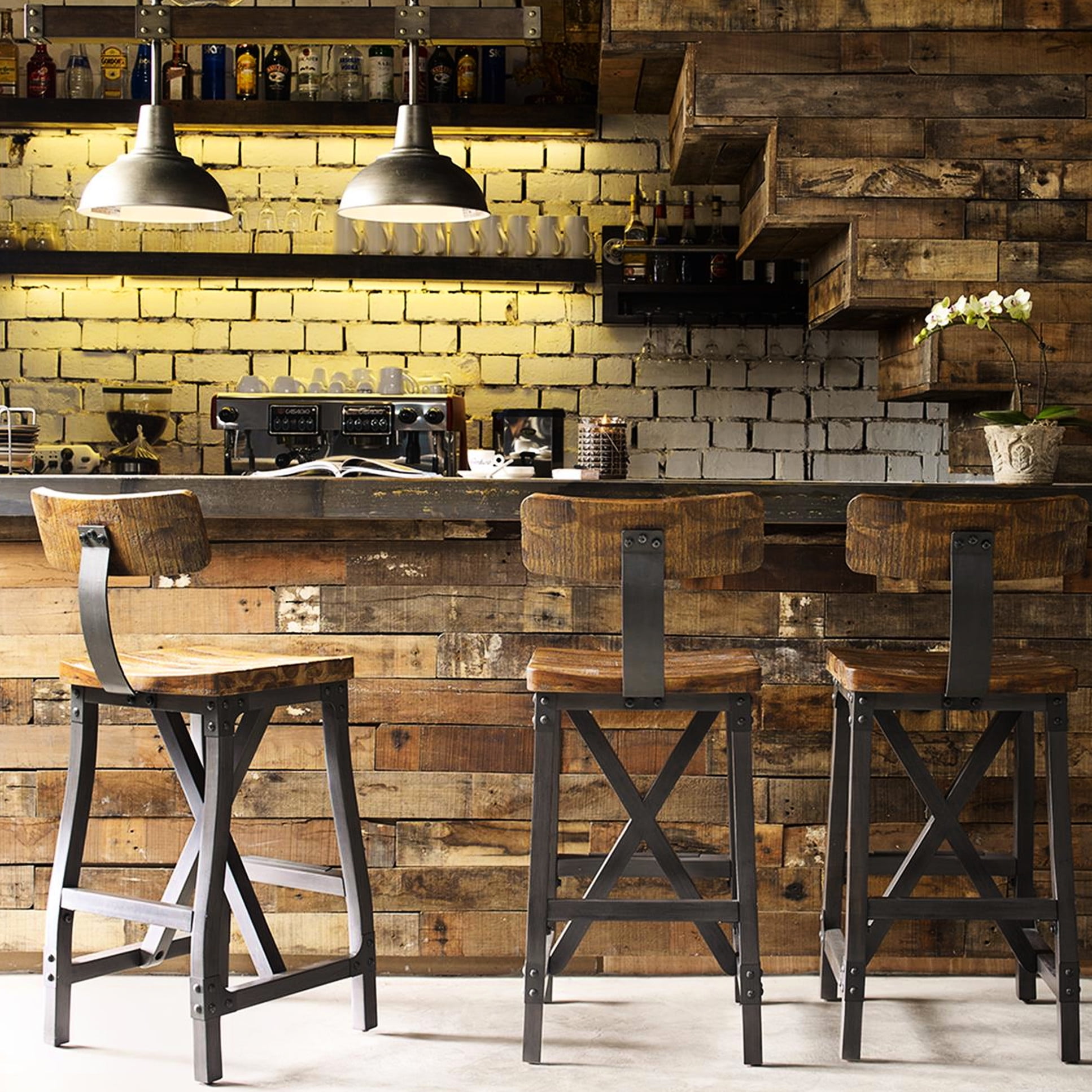 Solid Wood Bar Stool With Back - Graphite Metal Legs And Amber Colored Seat, 42.5" Tall, 300 Lbs ...