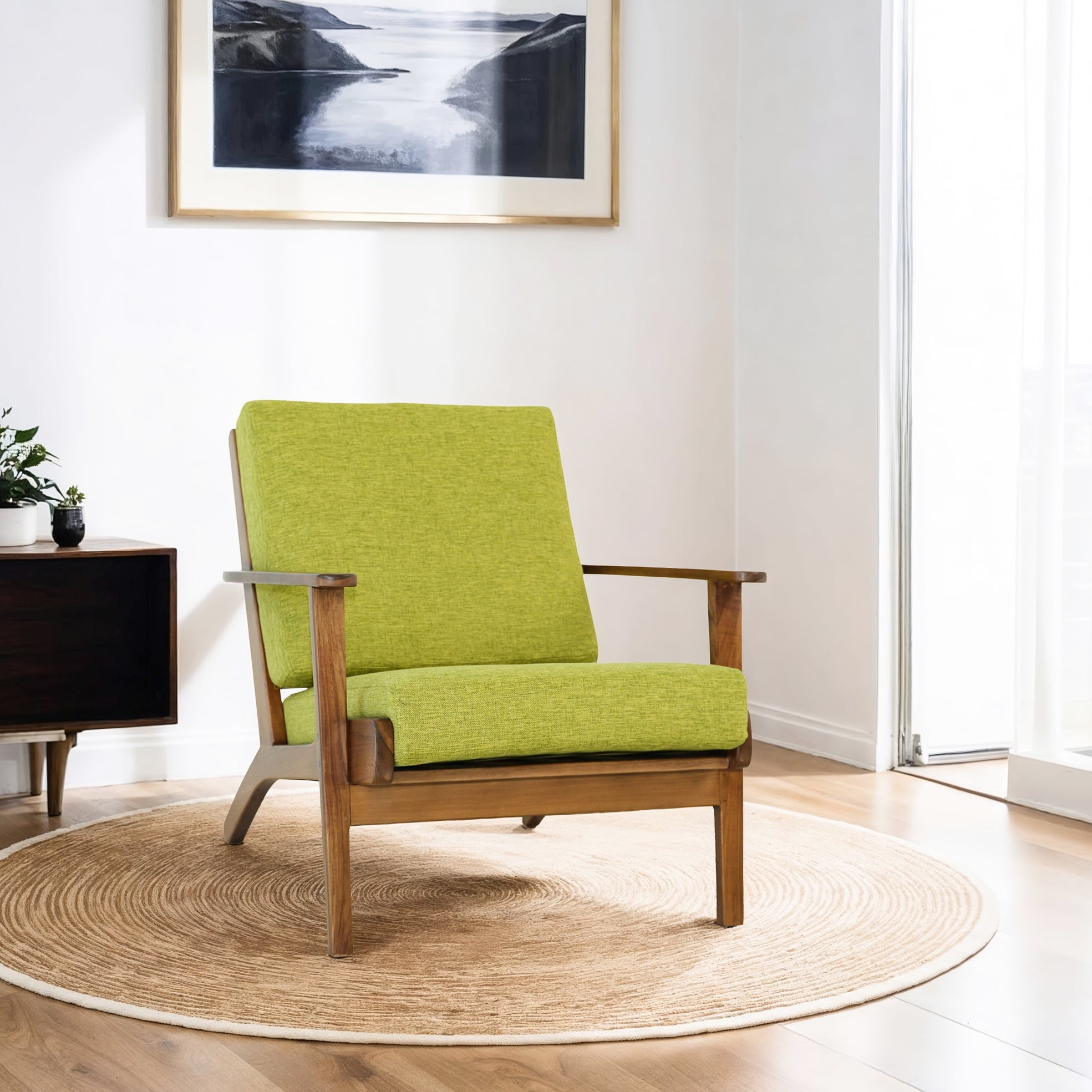 Solid Wood Based Linen Armchair In With Comfortable Cushioning Lounge ...