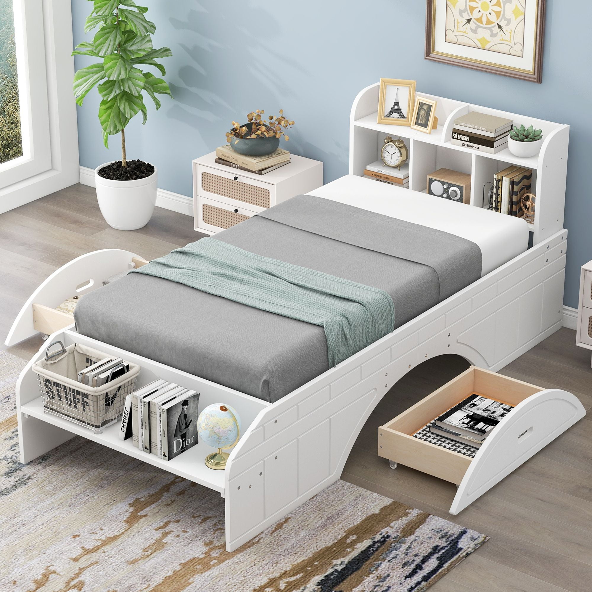Solid Wood Bed Frame with 2 Drawers, Storage Headboard and Footboard ...