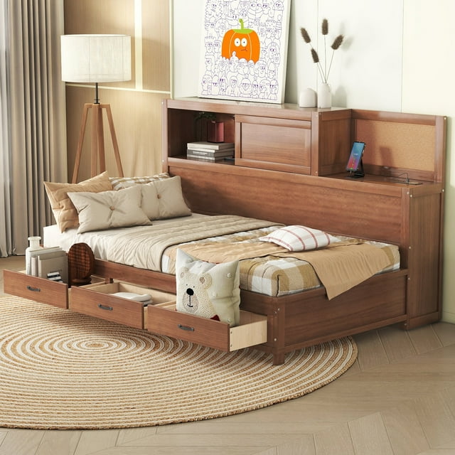 Solid Wood Bed Frame with 3 Storage Drawers, Upper Soft Board, Shelf ...