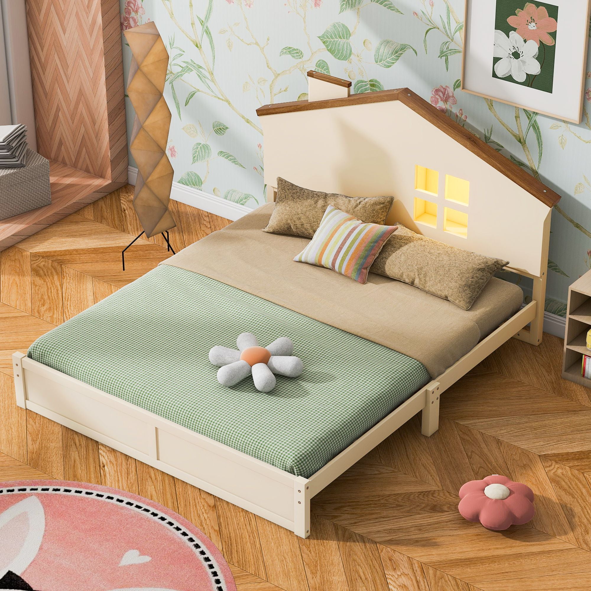 Solid Wood Bed Frame with House-shaped Headboard and Built-in LED ...
