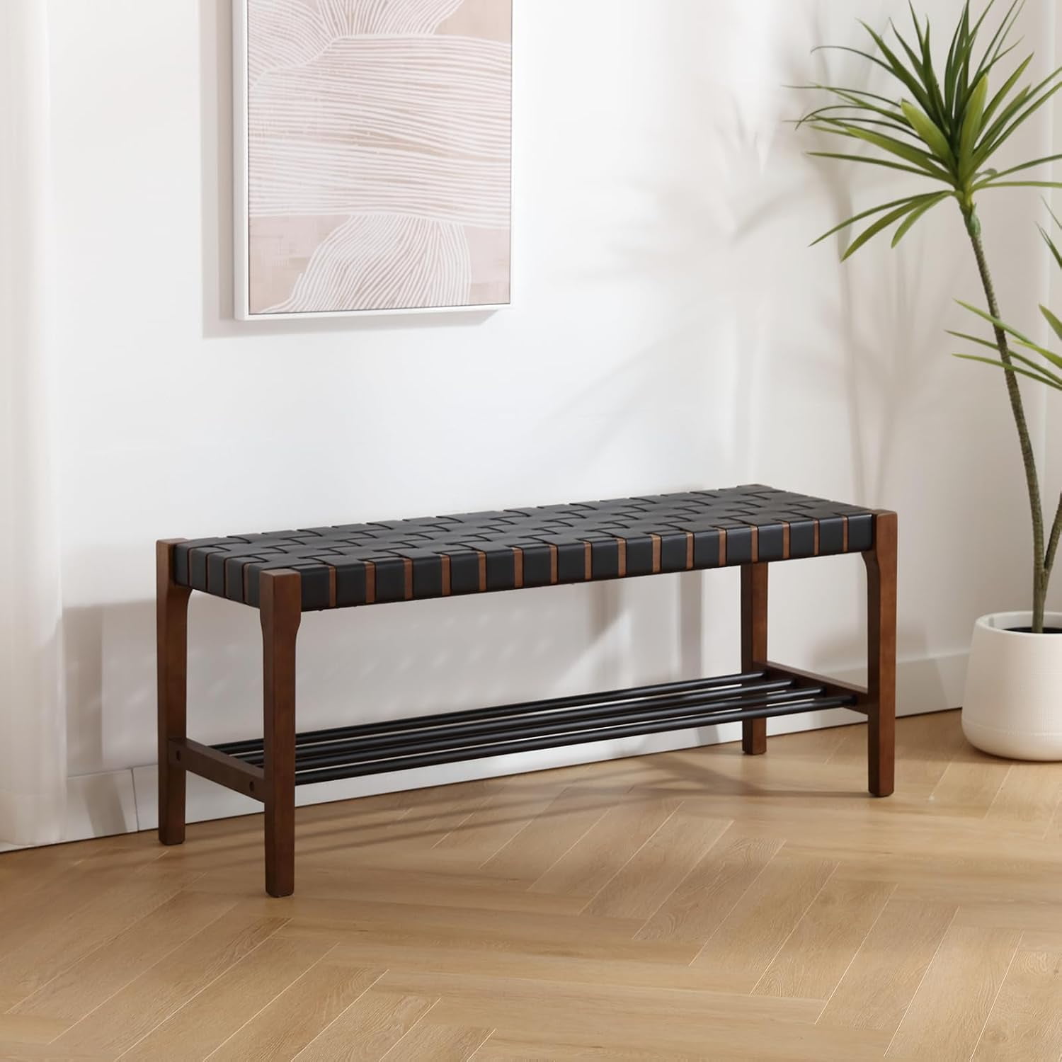 Solid Wood Bench, Modern 45" Long Dining Bench with Faux Leather Woven ...