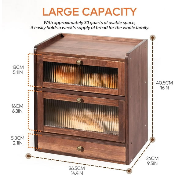 Solid Wood Bread Box with Drawer and 50 Deli Paper, 2-Layer Large ...