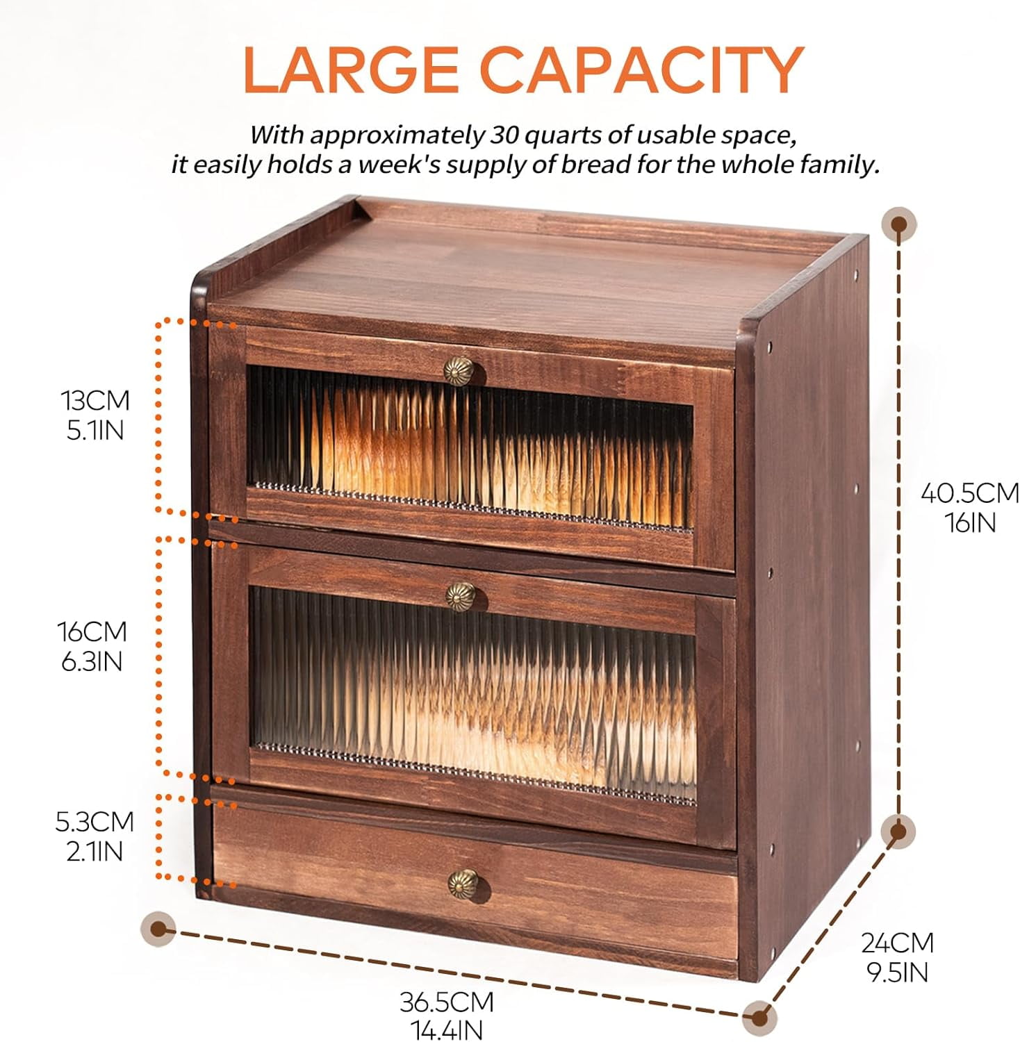 Solid Wood Bread Box for Kitchen Countertop with Drawer and 50 Count ...